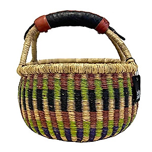 Bolga Zaare Market Basket, Handmade in Ghana Africa by Women Artisans, (Colorful, Mini) (7.5"-8.5" Diameter x 5"-6" H) (1 Basket)