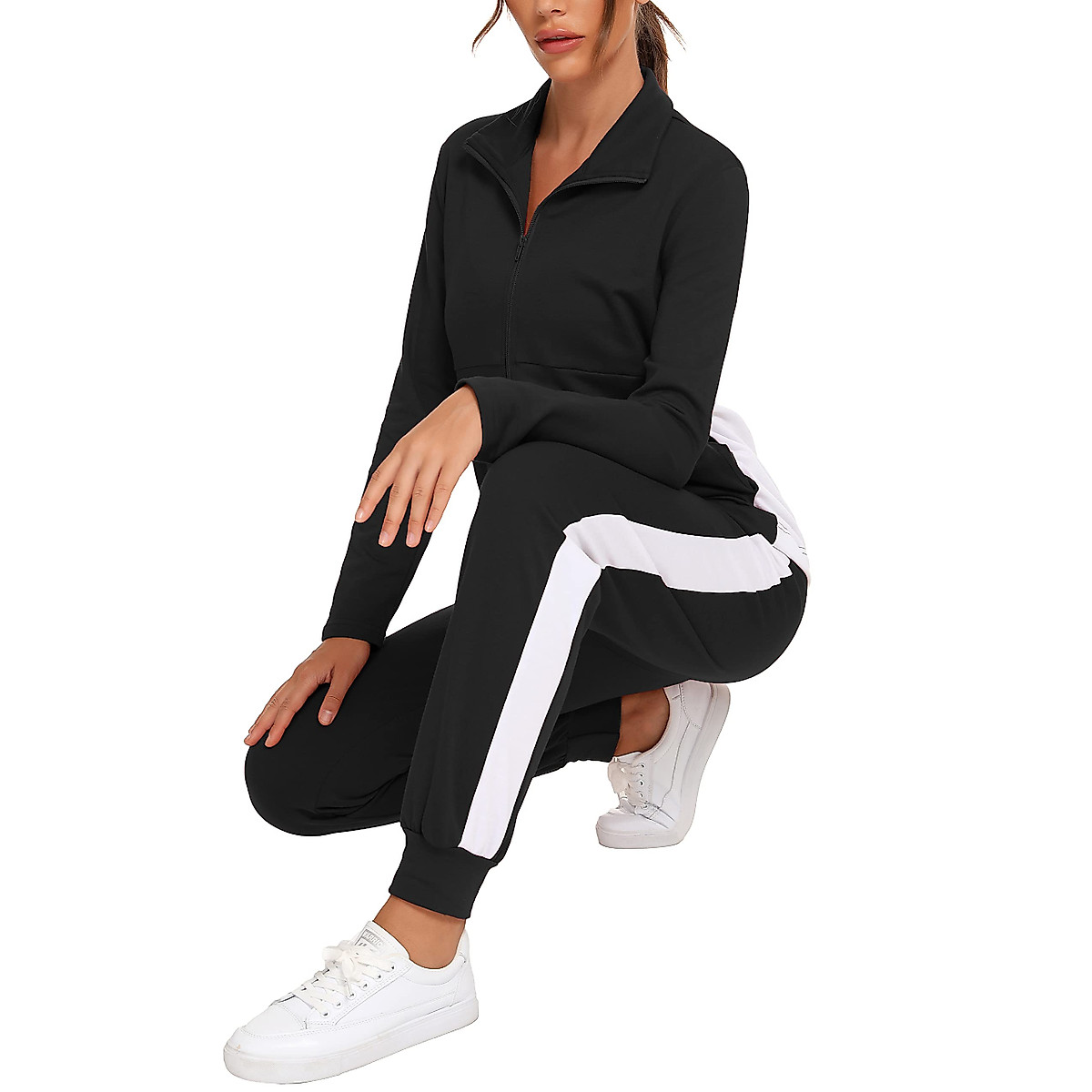 HALCYEEN Womens 2 Piece Tracksuits Set Casual Travel Comfy Zipper with Pockets Sweatshirt and Jogger Pants Black L