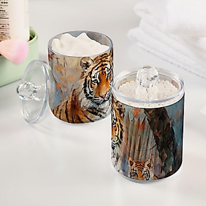 Vnurnrn Qtip Cotton Ball Holder Dispenser with Lid Painting Tigers Family Print, Plastic Jars Bathroom Canisters Storage Organizer 2 Pack