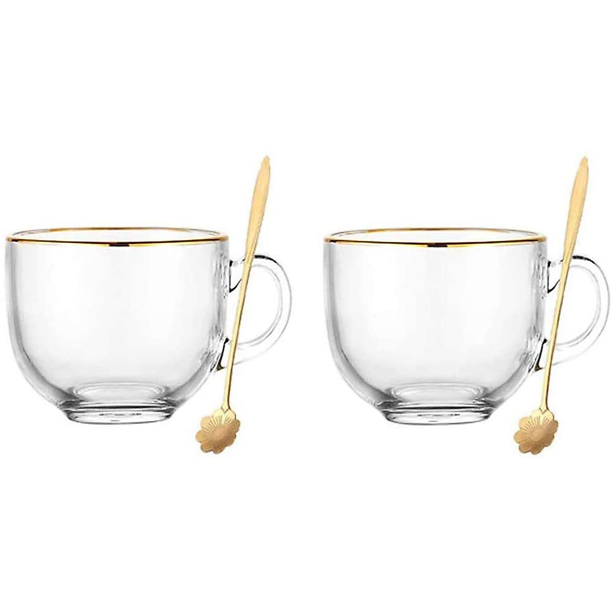 KKGUD Set of 2 Glass Teacups with Gold Rim, Oatmeal Cups, Yogurt Bowls with Spoons (Simple Design, 16oz)