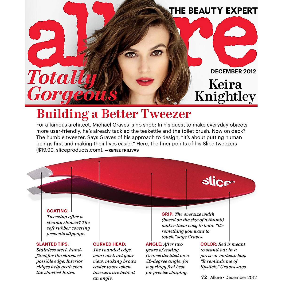 Slice 10450 Slanted Tweezer, Extra Wide Grip, Easy to Use for Normal & Course Hair or Splinter, Red