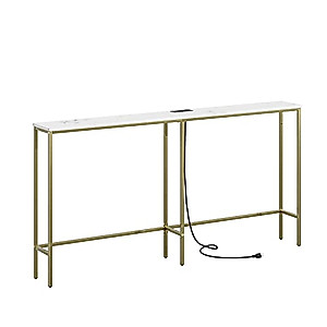 SONGXIN 63 Inch Console Table with Power Outlet,Modern Narrow Long Sofa Table Behind Couch,Skinny Entry Table with Gold Metal Frame for Entryway,Living Room, Hallway,Marble White