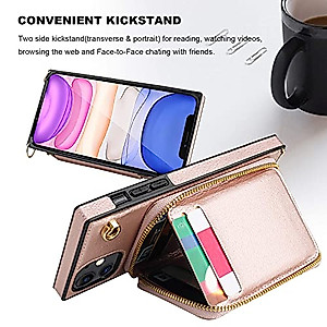 KIHUWEY iPhone 11 Crossbody Wallet Case PU Leather Wallet Case with Credit Card Holder Wrist Strap Kickstand Protective Lanyard Purse Cover Case for iPhone 11 6.1 Inch (Rose Gold)