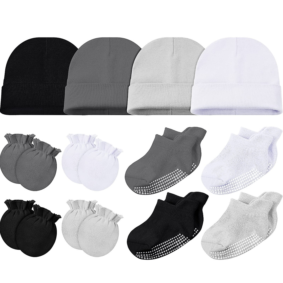 Boyiee 12 Pieces Baby Mittens Newborn Hats and Sock Infant Mittens Baby Caps Mittens Socks Set No Slip Ankle Socks(Blue and White)