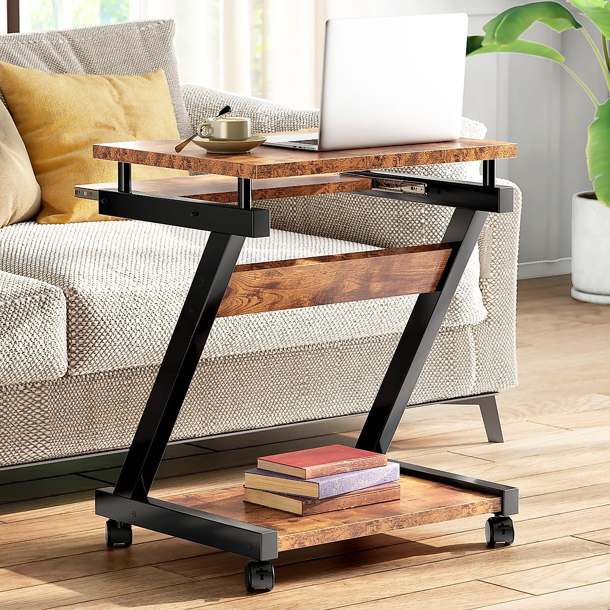 sogesfurniture Small Mobile Computer Desk with Keyboard Tray, Z-Shaped Compact Study Table, Rolling Workstation for Home and Office with Printer Shelf, Keyboard Drawers, Rustic Brown