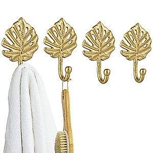 MyGift Vintage Gold Leaf Design Wall Hanging Hooks, Metal Monstera Leaves Wall Mounted Entryway Storage Coat Hooks, Set of 4 - Handcrafted in India