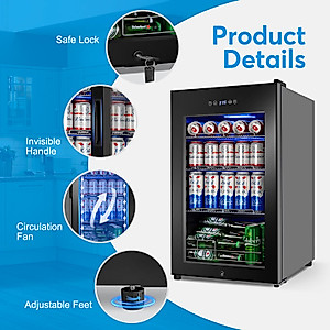 Beverage Refrigerator 17 inch Wide - 126 Can Beverage Cooler with Glass Door | Counter-Top/Freestanding Mini Beverage Beer Fridge | Temperature Memory | Invisible Door | Perfect for Soda,Beer