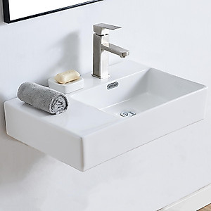Bathroom Sink,White Wall Mounted Sink,Rectangle Wall Mount Bathroom Vessel Sink,24"X17"Modern Floating or Countertop Porcelain Ceramic Washing Bathroom Lavatory Sink,Right Side
