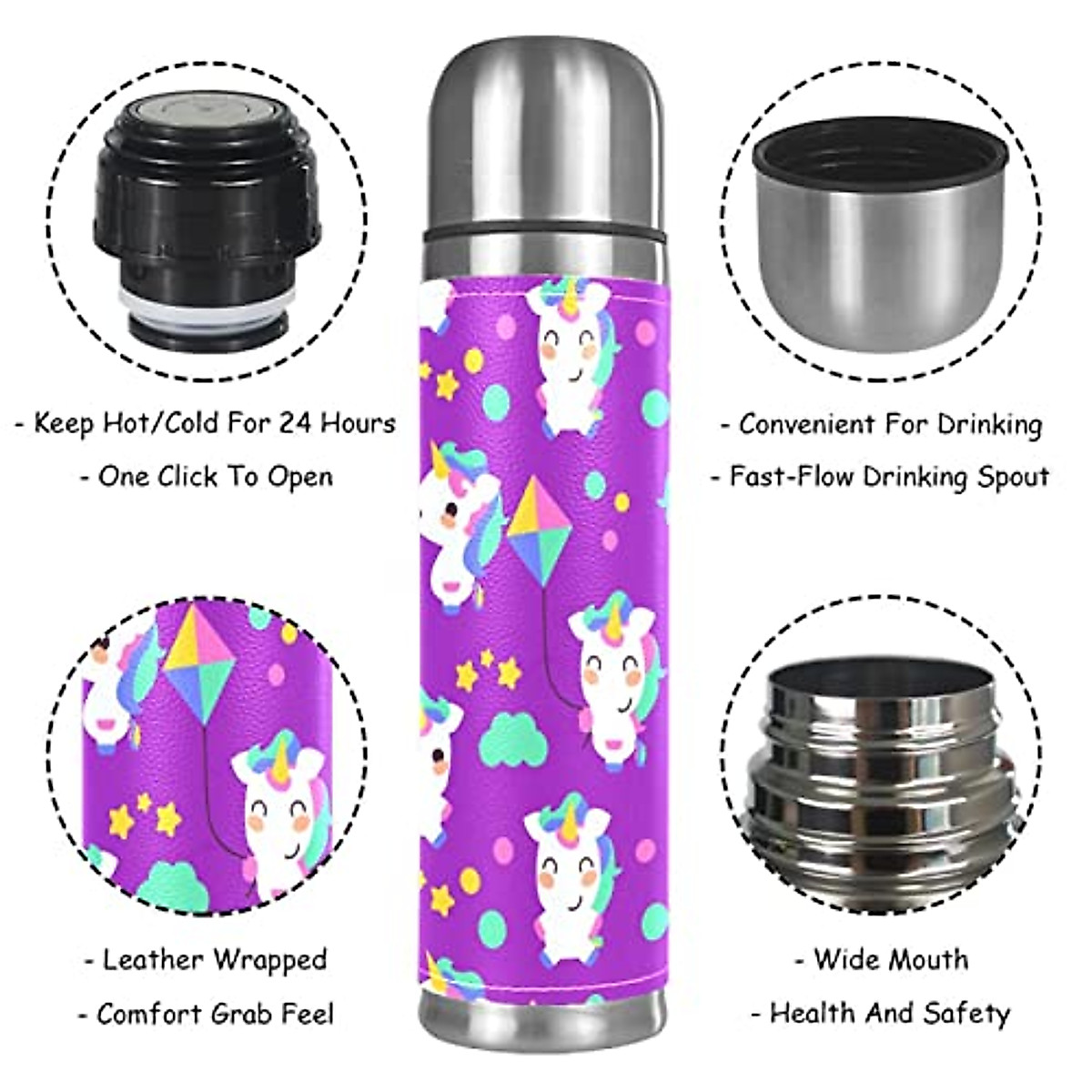 Cute Unicorn Purple Pattern Stainless Steel Water Bottle Leak-Proof, Double Walled Vacuum Insulated Flask Thermos Cup Travel Mug 17 OZ