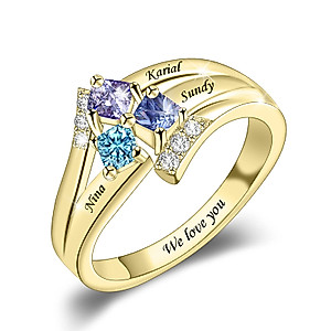 BAUMA AUTO Personalized Mother Ring with 1-9 Birthstones & Names Customized Family Ring Engraved Birthstone Rings for Women Grandma Wife Mother's Day (Silver-3 name)