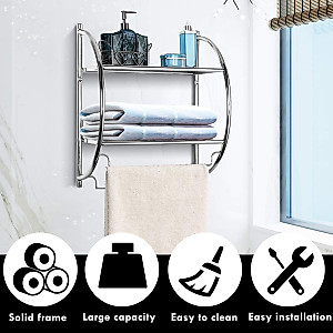 ReunionG 2-Tier Bathroom Shelf with Towel Rails, Wall Mounted Towel Shelf with Space-Saving Design, Multifunctional Chrome Bathroom Storage Shelf for Bathroom Laundry Room Kitchen, Easy Assembly
