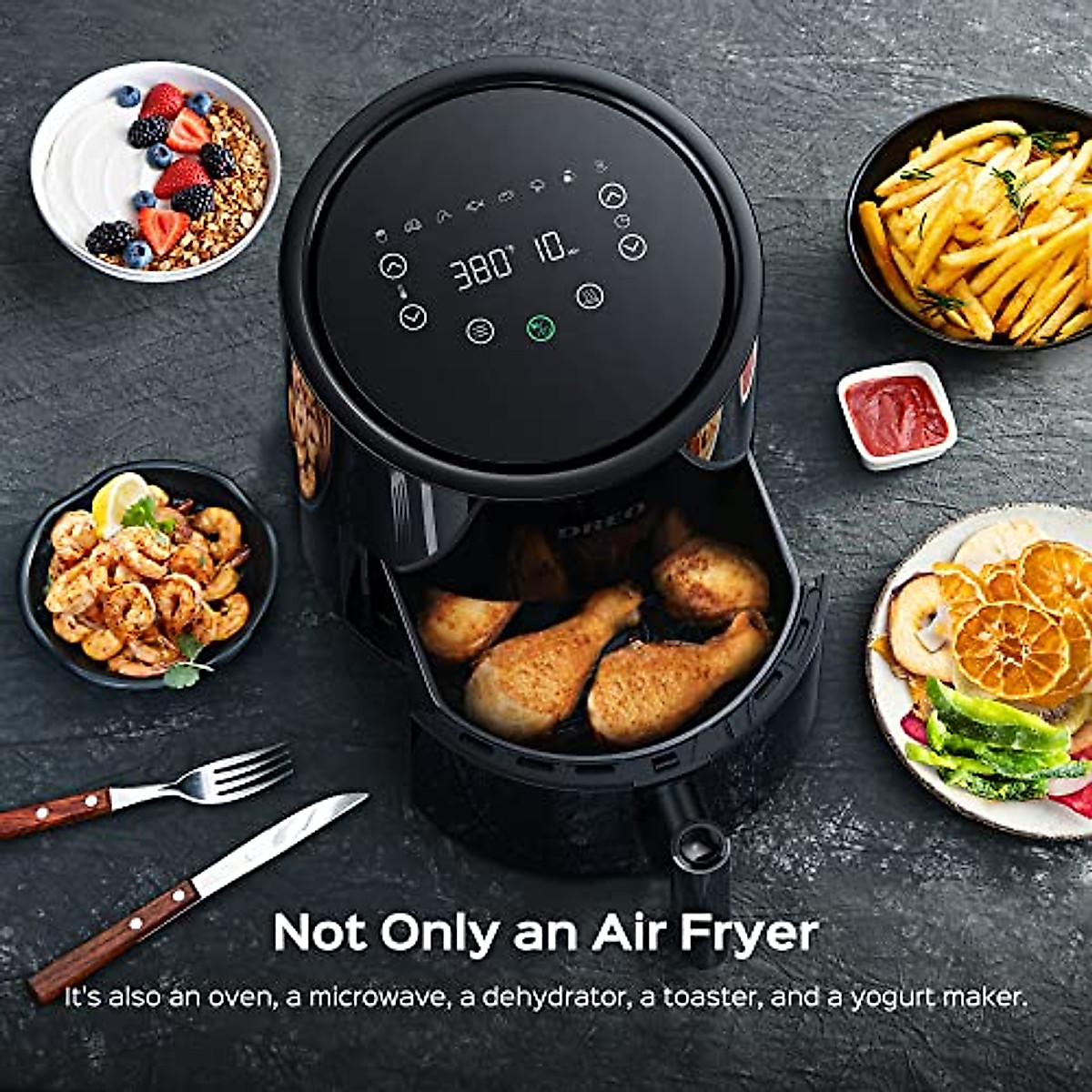 Dreo Air Fryer - 100℉ to 450℉, 4 Quart Hot Oven Cooker with 50 Recipes, 9 Cooking Functions on Easy Touch Screen, Preheat, Shake Reminder, 9-in-1 Digital Airfryer, Black, 4L (DR-KAF002)
