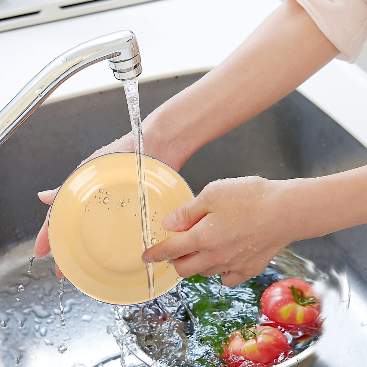 Yardwe Enamel Plate, 4PCS Enamelware Dinner Plate Serving Platter Tray, Retro Yellow Round Shallow Bowls with Blue Rim for Pasta, Salad- Durable and Reusable