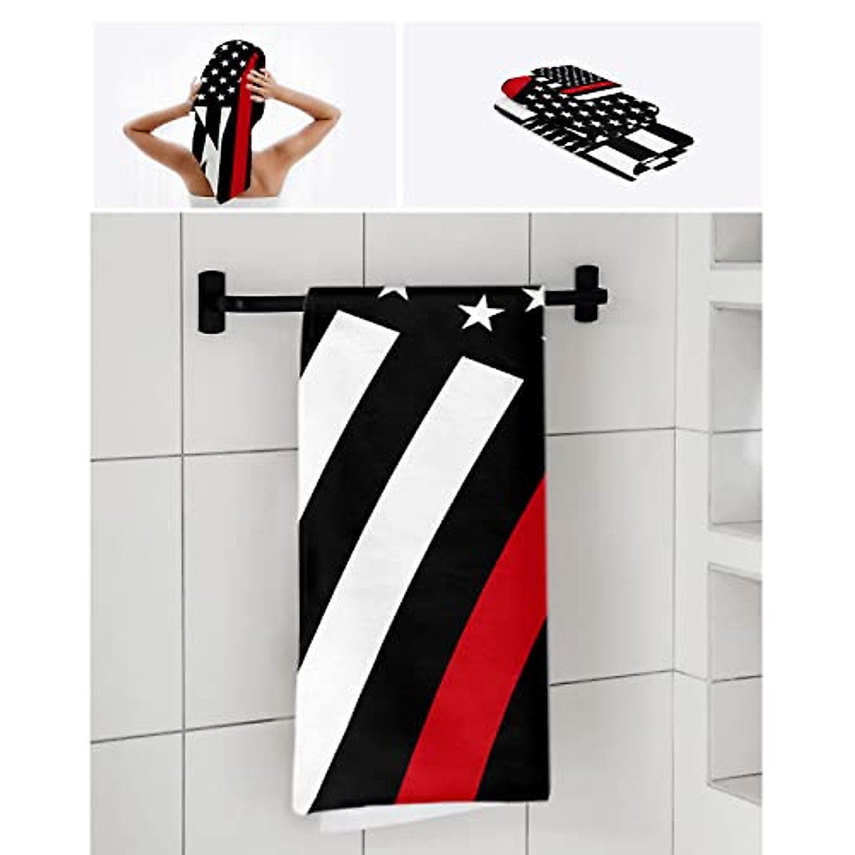 PakiInno Bath Towels Set Soft Absorbent Towels Red Line American Flag Respect Firefighter Sign Fluffy Shower Towel Hand Towel Washcloths for Fitness, Sports, Travel