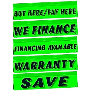 Versa Tags Windshield Slogan Stickers 12 Pack Each of Buy HERE Pay HERE, WE Finance, FINANCING Available, Warranty, Save (60) Window Stickers Total Dealership Stickers Black On Green
