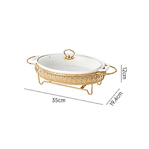 HONHPD 3 Piece Set Stainless Steel Oval Chafing Dish Buffet Set, Ceramic Marble Finish Chafer with Glass Lid, Chafer and Buffet Warmer Set for Buffet Weddings Parties Banquets, Golden