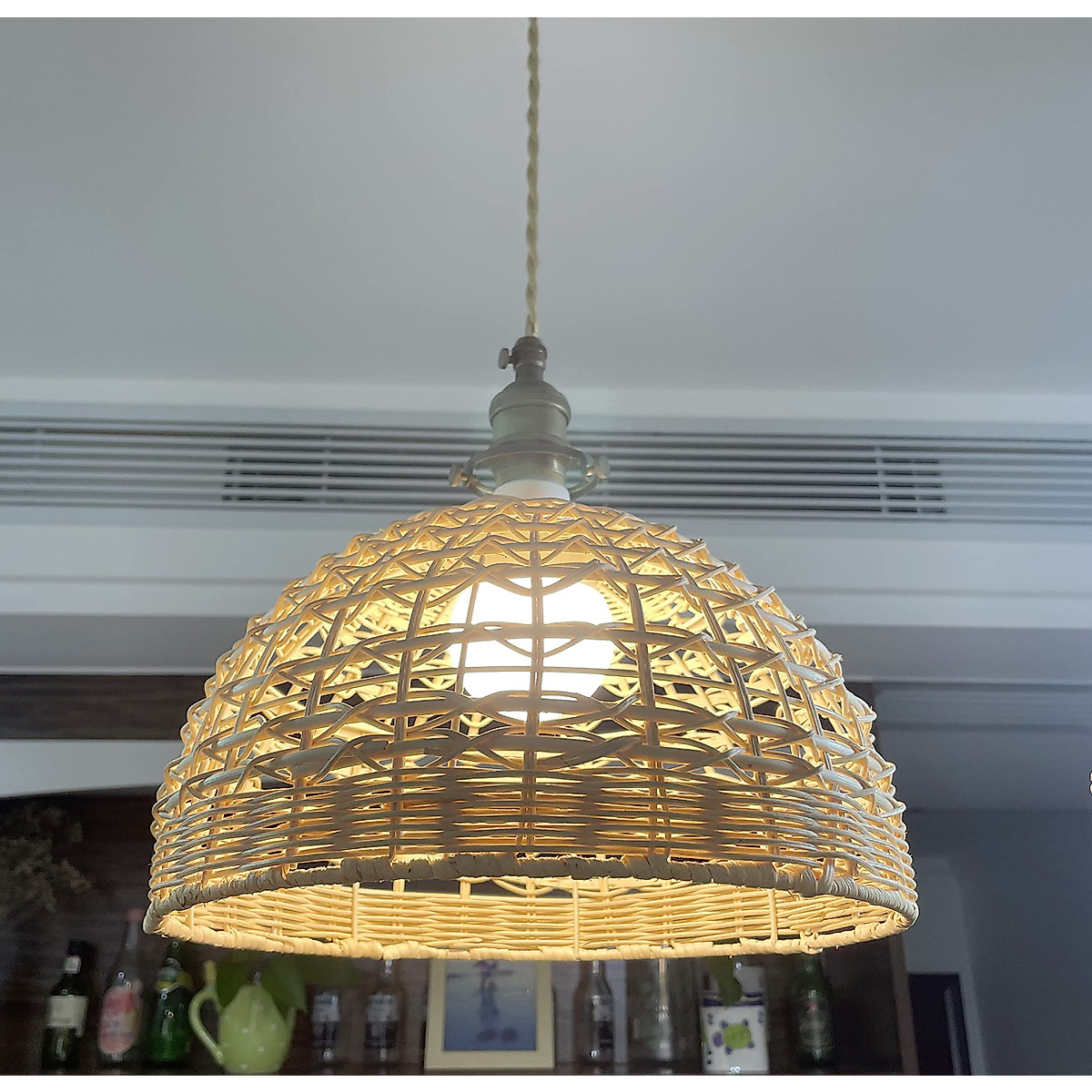 RISEON Rattan Lamp Shade, Woven Hanging Pendant Lampshade, Country Cottage Wicker Basket Chandelier Lamp Cover Rustic Ceiling Light Fixture Table Lamp Floor Lamp Light for Bedroom Living Room Hallway