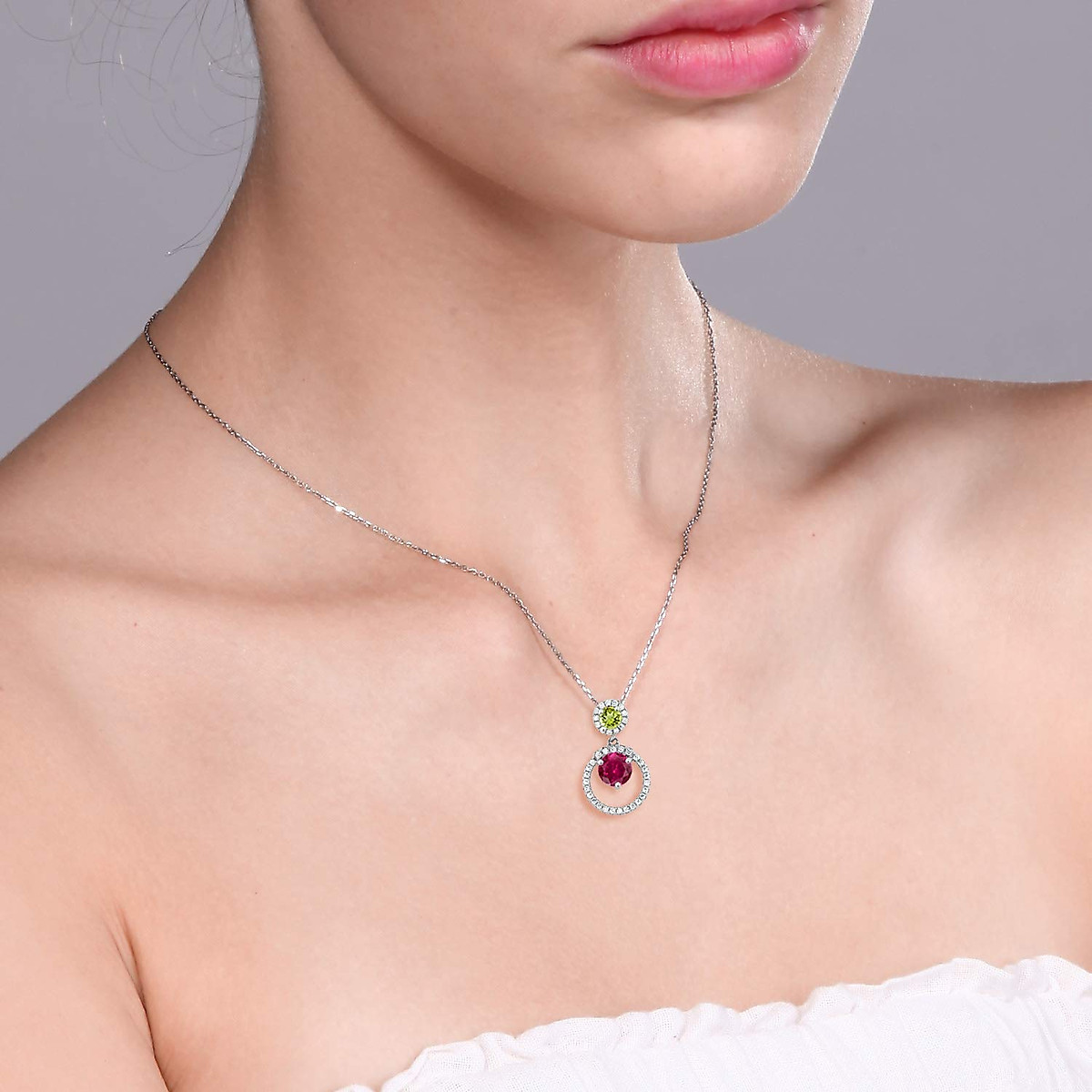 Gem Stone King 925 Sterling Silver Red Created Ruby and Green Peridot Pendant Necklace For Women (1.90 Cttw, Gemstone July Birthstone, Round 6MM and 4MM)