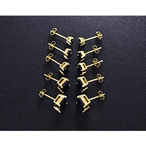 FOSIR Womens Mens 18K Yellow Gold Plated Black Square Clear Cubic Zirconia Stud Earrings(5 Pairs, 3-7mm CZ)