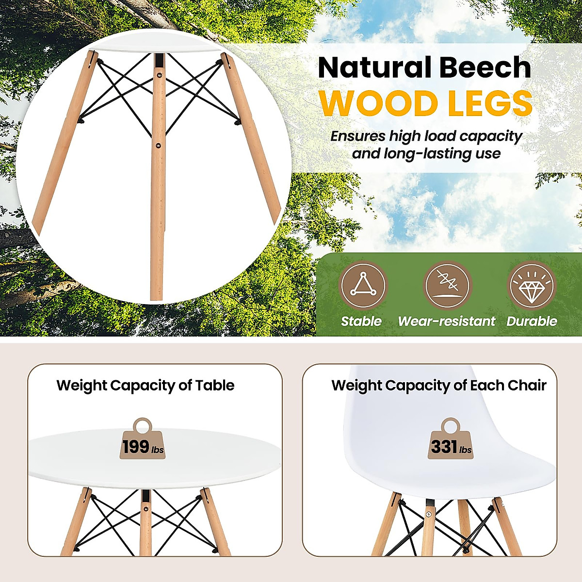 Tangkula Round Dining Table Set for 4, Kitchen Table Set with Seat & Solid Wood Legs, Round Kitchen Table and Chairs for Small Space, White