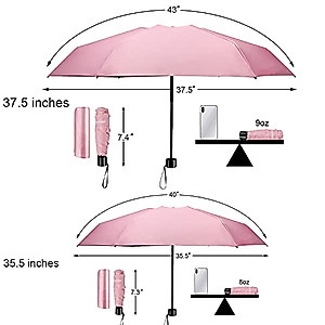 TradMall Mini Travel Umbrella, Portable Lightweight Compact Parasol with 95% UV Protection for Sun & Rain, Pink