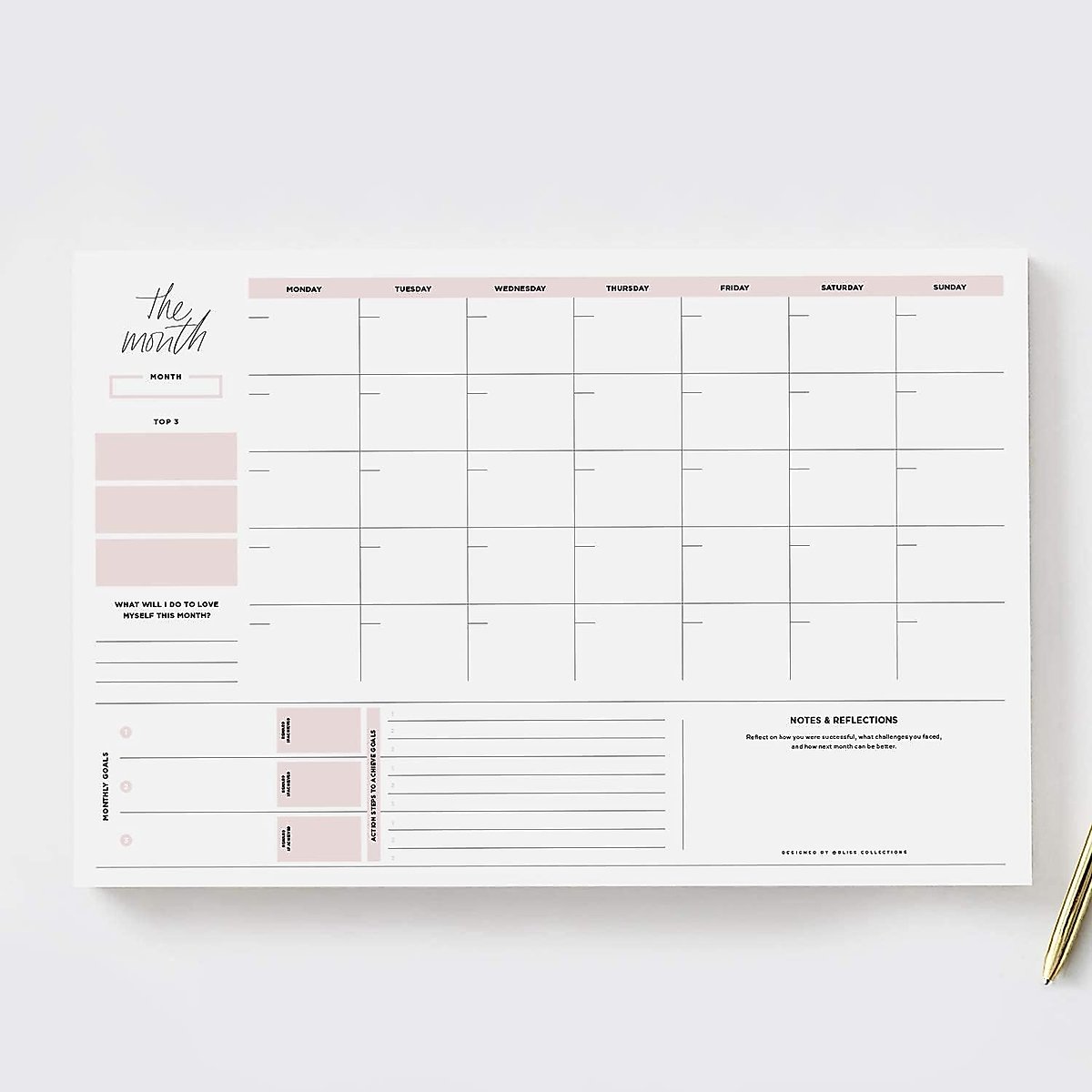 Bliss Collections Monthly Planner, Simple Pink Self-Care, Undated Desk Calendar and Planner for Organizing and Scheduling Tasks, Productivity Tracker, Goals, Notes and To-Do Lists, 12"x18" (18 Sheets)
