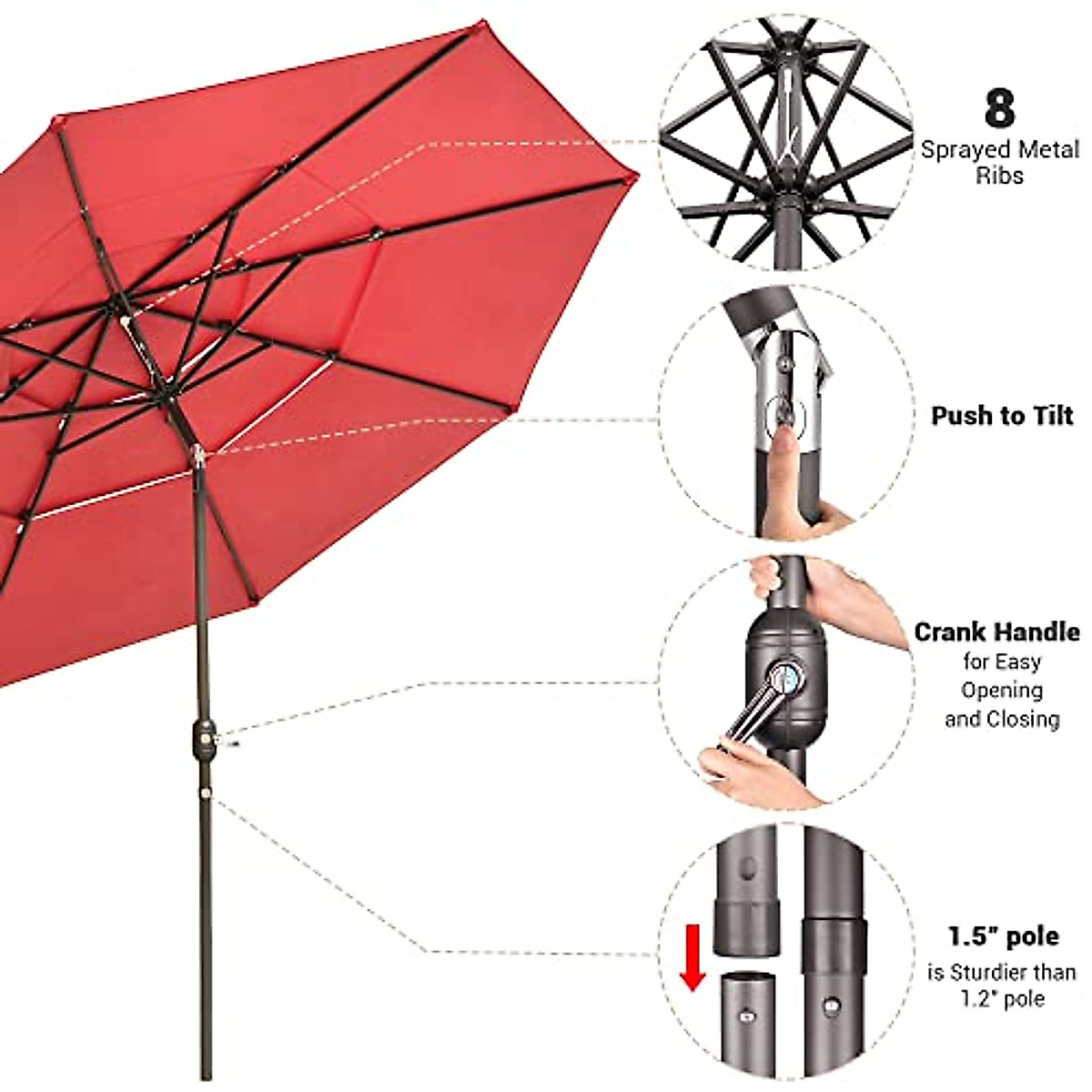 Yescom 11ft 3 Tier UV70+ Push Tilt Patio Umbrella Crank Handle Outdoor Cafe Deck Table Garden Backyard Hotel