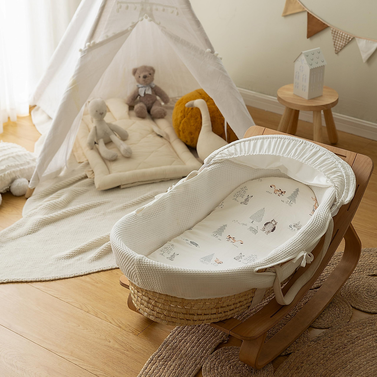 Musioiy Muslin Bassinet Sheets for Baby Girls and Boys, Soft & Breathable Cotton Bed Oval, Hourglass Rectangular Cradle Mattress, 2 Pack,(Animal Print Stars, White Grey (CRIB202305)