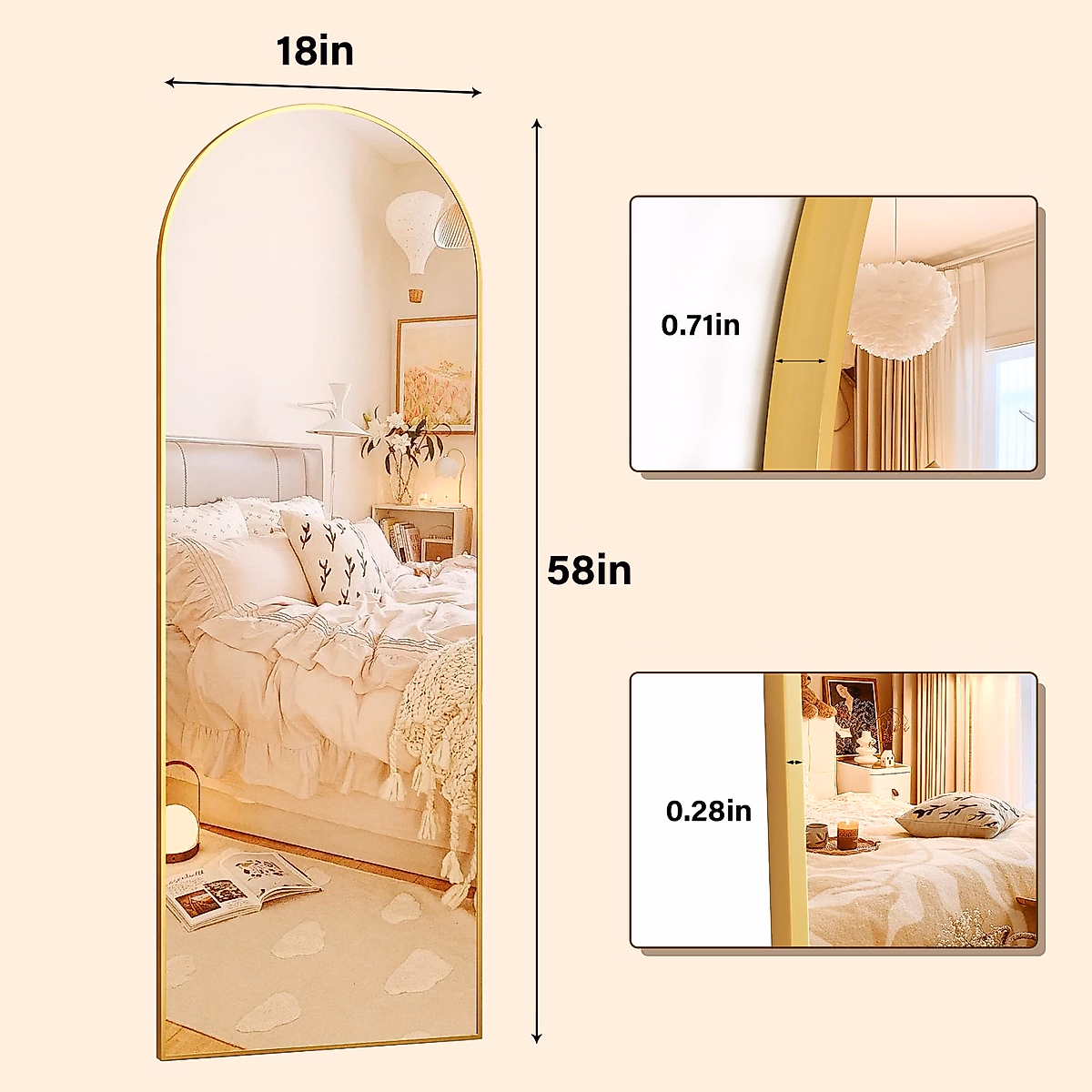 XRAMFY Arched Full Length Mirror 58"x18" Floor Mirrors with Aluminum Alloy Frame Free-Standing Wall Mounted Floor Mirrors or Large Dressing Mirror, Gold Arch Mirror