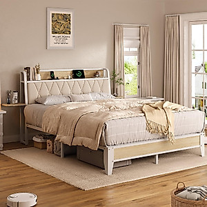 ONBRILL Queen Bed Frame with Side Storage Shelf, Ergonomic Upholstered Headboard with Charging Station, Queen Size Platform Bed Frame, Metal Slats Support, No Box Spring Needed, Easy Assembly, White