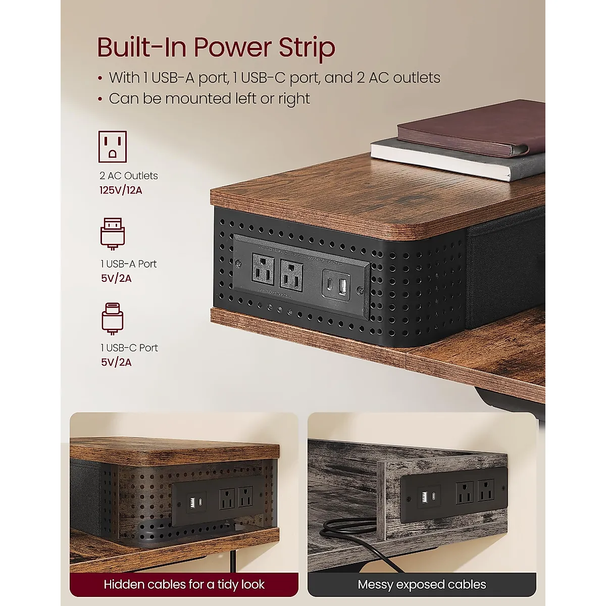 VASAGLE Electric Standing Desk with Drawers, Sit Stand Desk with Built-in Power Strip, Adjustable Height, 23.6 x 47.2 Inches, 2 Hooks, Memory Function, for Home Office, Rustic Brown ULSD182X21