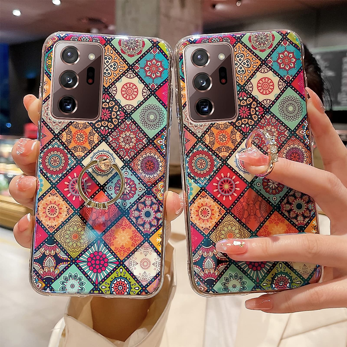 Case for Samsung Galaxy Note 20 Ultra (6.9-inch) Girls Women Cute Floral Slim Shockproof Protection Cover with Gold Ring Stand Mandala Ethnic Style Phone Case