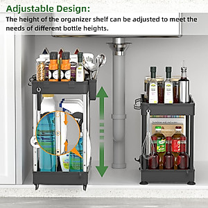 AOSITE 2 Pack Under Sink Storage and Organizers, Sliding Under Cabinet Organizer with Dividers Pull Out Kitchen Cabinet Basket Organizer Adjustable Bathroom Sink Storage Organizer with Hooks