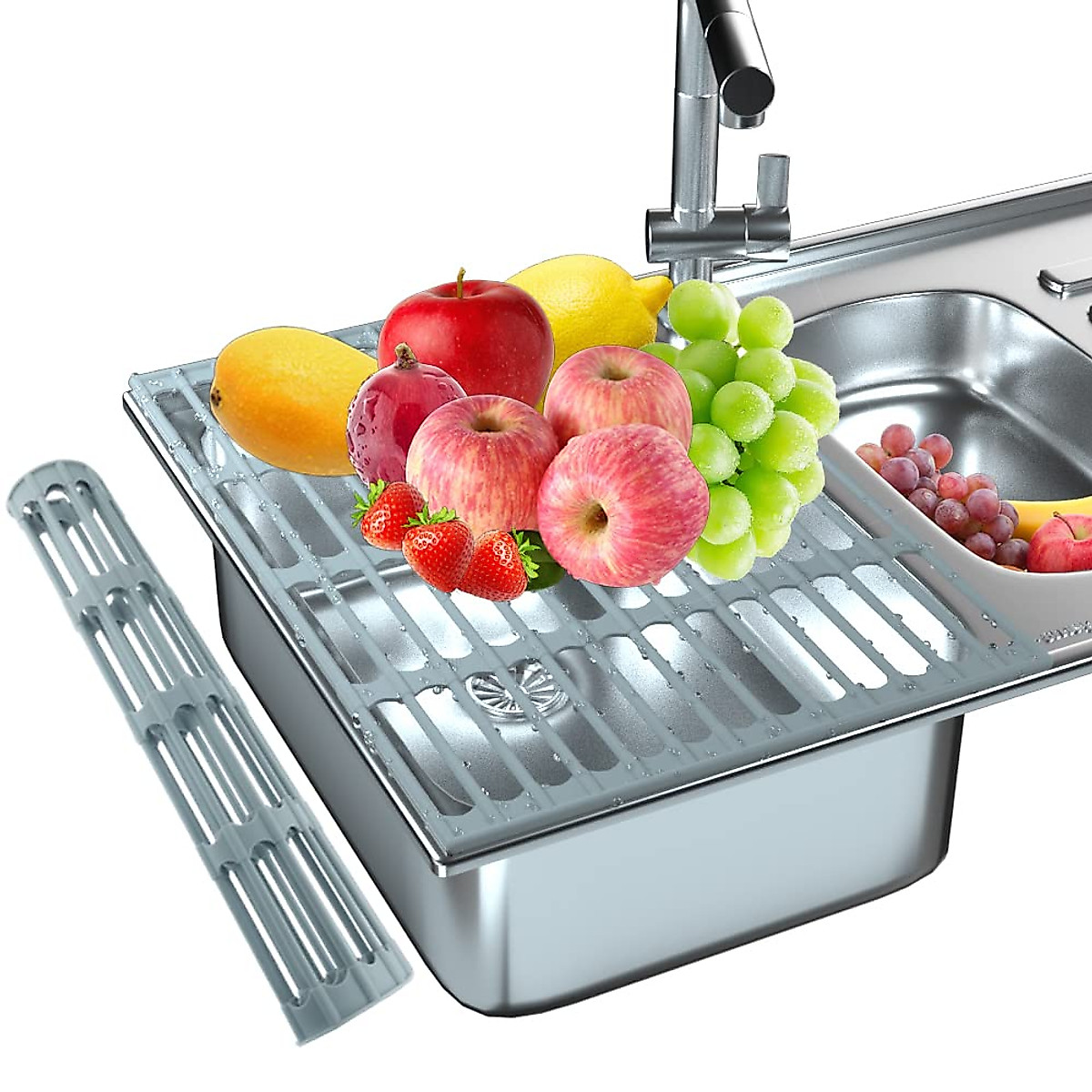 Upgraded Roll Up Dish Drying Rack (17.4''x13''),Multipurpose Over the Sink Dish Drying Rack Kitchen Dish Drainer,Silicone Wrapped Solid Stainless Steel Foldable Sink Rack,Kitchen Sink Accessories