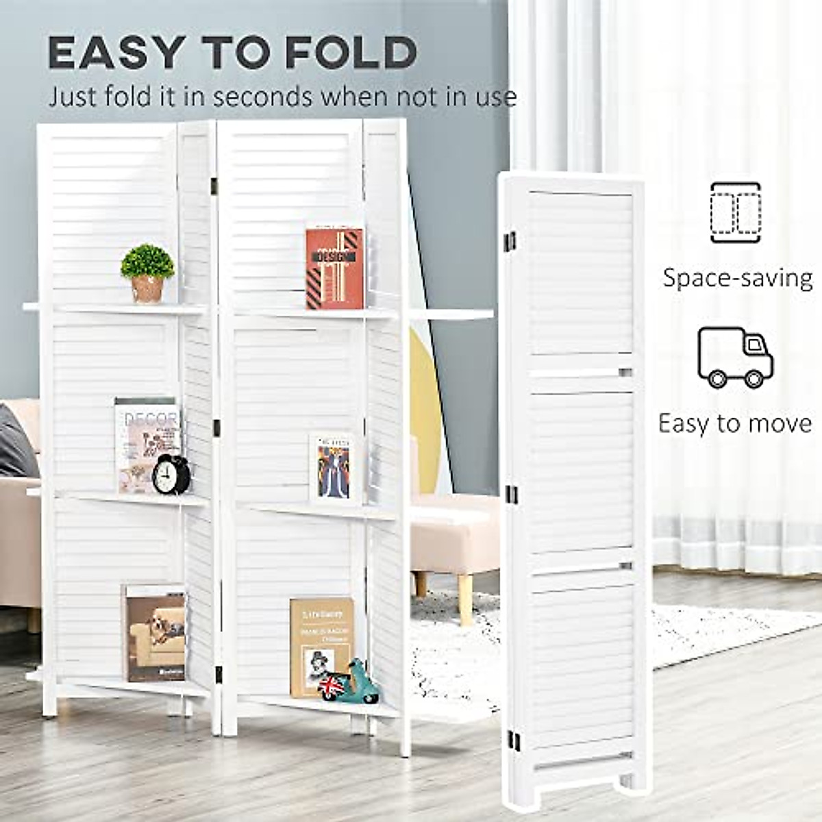 HOMCOM 4 Panel 67" Tall Wood Privacy Screen Room Divider with 3 Display Shelves, and Folding Storage for Bedroom or Home Office, White