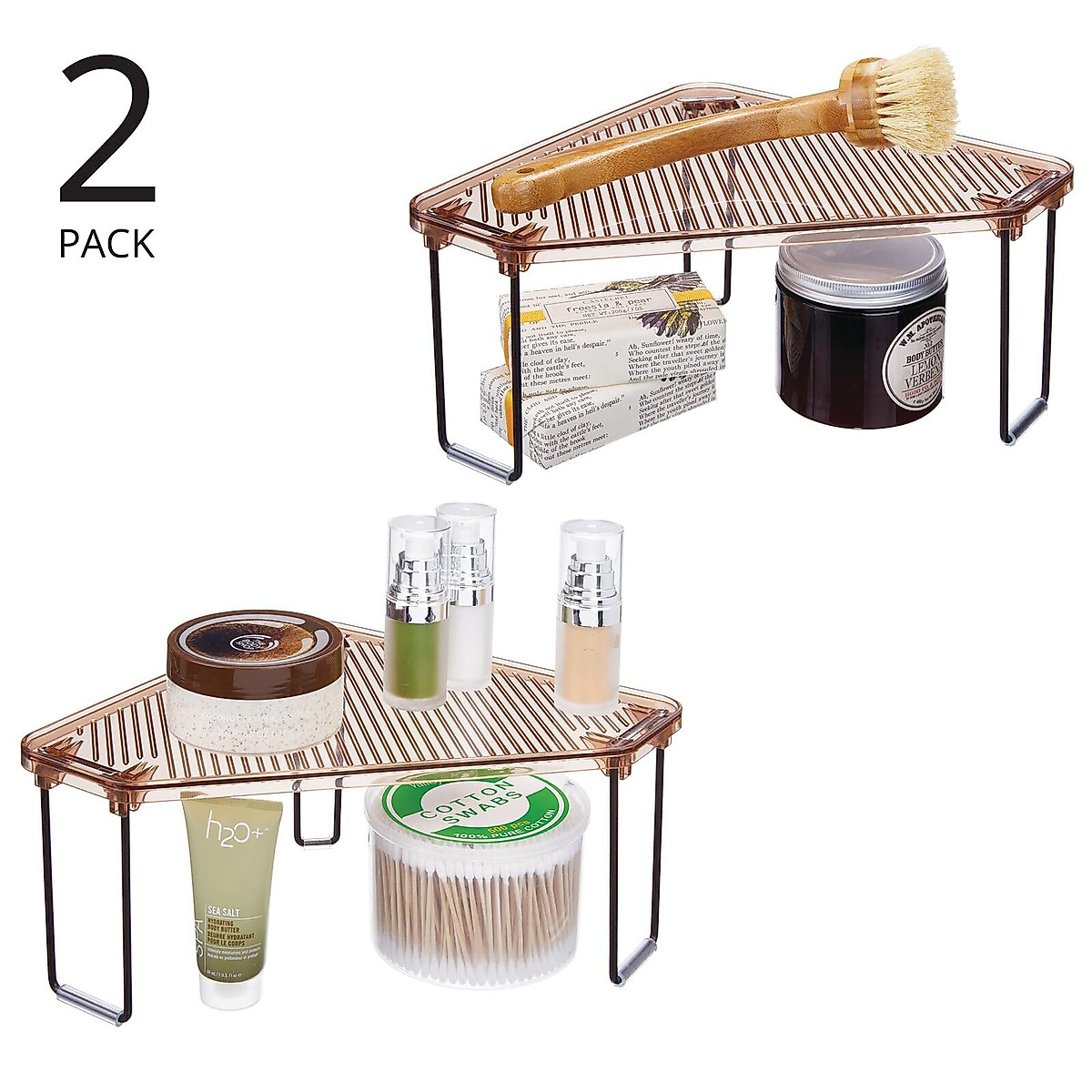 mDesign Plastic/Steel Corner Stackable Rack, Storage Organizer Shelf for Bathroom, Vanity, Countertop, Sink, Cabinet, Holds Makeup, Shower Accessories, Ligne Collection - 2 Pack - Bronze/Amber
