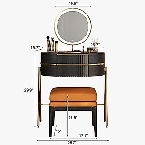 Lartis Makeup Vanity Table with Light, Black Dressing Table with Makeup Stool and Adjustable LED Mirror,Storage Dressing Small Vanity Desk with drawers, Smoky Black Vanity Table Set