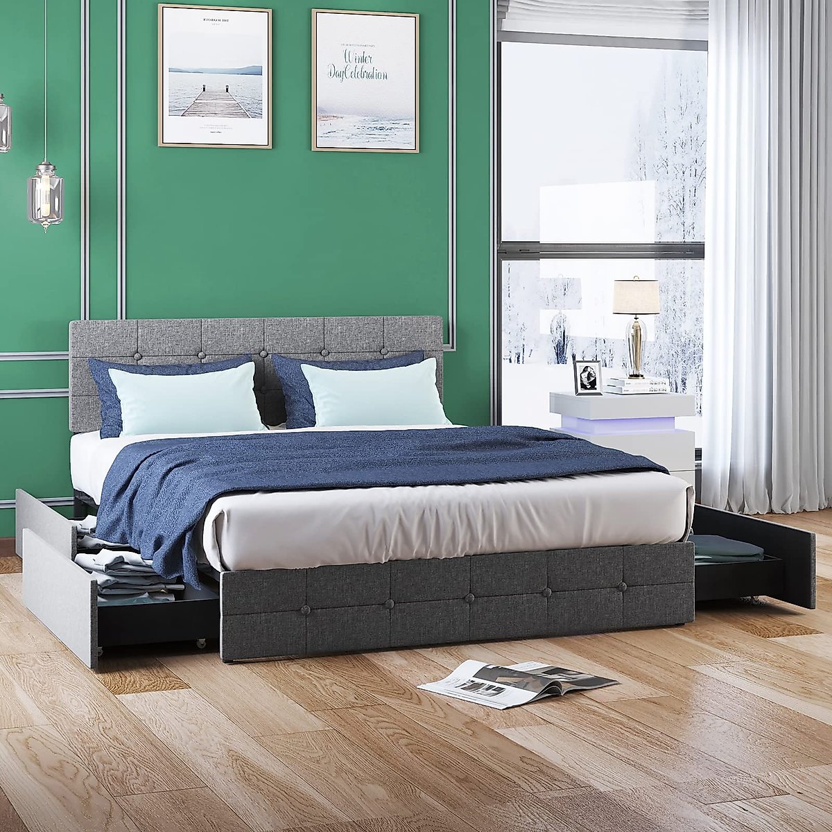 Mixoy Upholstered Platform Bed Frame with 4 Storage Drawers,Cal King Bed Frame with Square Button Tufted Adjustable Headboard, Wood Slat Support,No Box Spring Needed,No Mattress (Cal King,Dark Grey)
