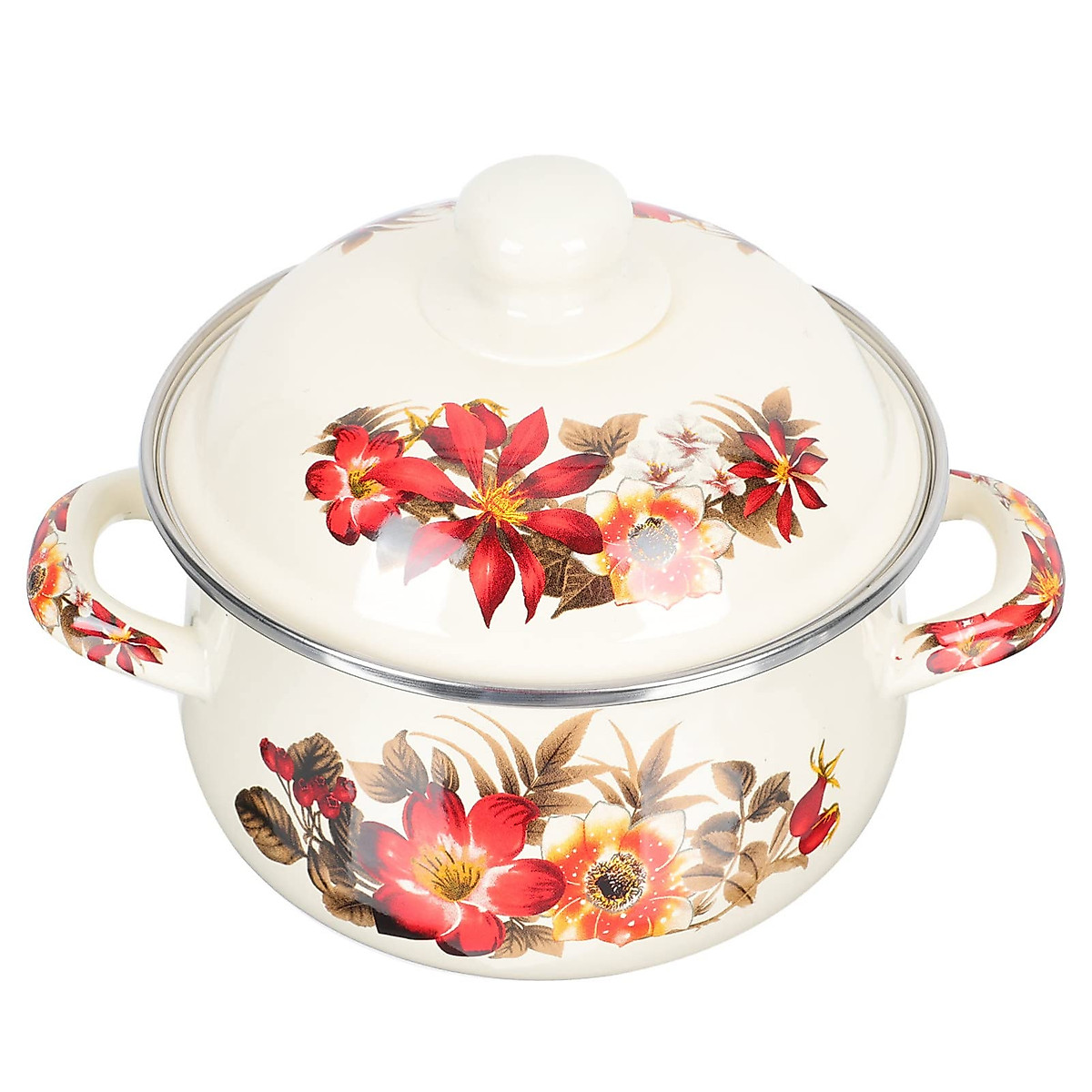 YARNOW Retro Flower Enamel Stew Stockpot-Random Pattern- Non- Stick Ceramic Coated Low Stockpot Stew Pot with Lid 16cm Quart Stockpots Soup Casserole Pasta Milk Sauce Pot for Home Kitchen Cooking