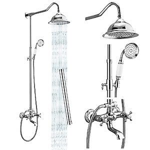 gotonovo Exposed Shower System Set Polish Chrome 8 Rain Shower Faucet 2 Double Knobs Handle Triple Function Tub Spout Luxry Shower Fixture Combo Unit Set 12 Inch Extension Tube Included