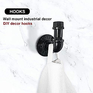gotonovo Wall Mounted Rustic Industrial Towel and Robe Hook Set Towel Single Hook Kit Heavy Duty DIY Style Industrial Pipe Robe Hook Industrial Iron Pipe Electroplated Black Finish, 2 Pieces