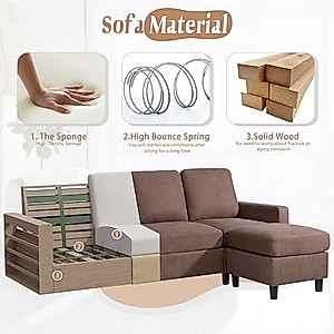 JAMFLY 79'' Sectional Sofa Couch with Storage Ottoman, Living Room Furniture Set Small Deep Convertible Sofa, L-Shaped Couch Wide Reversible Chaise with Linen Fabric (Brown)