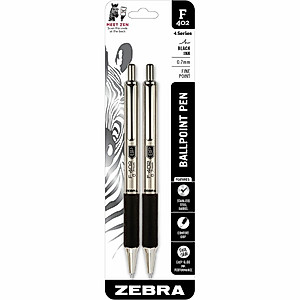 Zebra Pen F-402 Retractable Ballpoint Pen, Stainless Steel Barrel, Fine Point, 0.7mm, Black Ink, 2-Pack