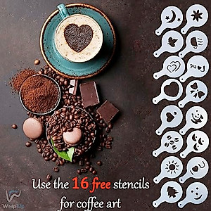 Rechargeable Milk Frother Handheld with Stand and Stencils - Usb Stainless Steel Stand or Wall Hanging for Kitchen Coffee Bar Electric Whisk Hand Blender Mixer for Latte Cappuccino Egg Protein Powder