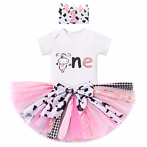AWIBMK Baby Girl 1st Birthday Outfit Farm Cow Giraffe Romper Tutu Skirt Crown Headband Round Neck Animals Themed Cake Smash Photo Shoot Short Sleeve 3Pcs Clothes Set White + Pink Cow One 12-18M