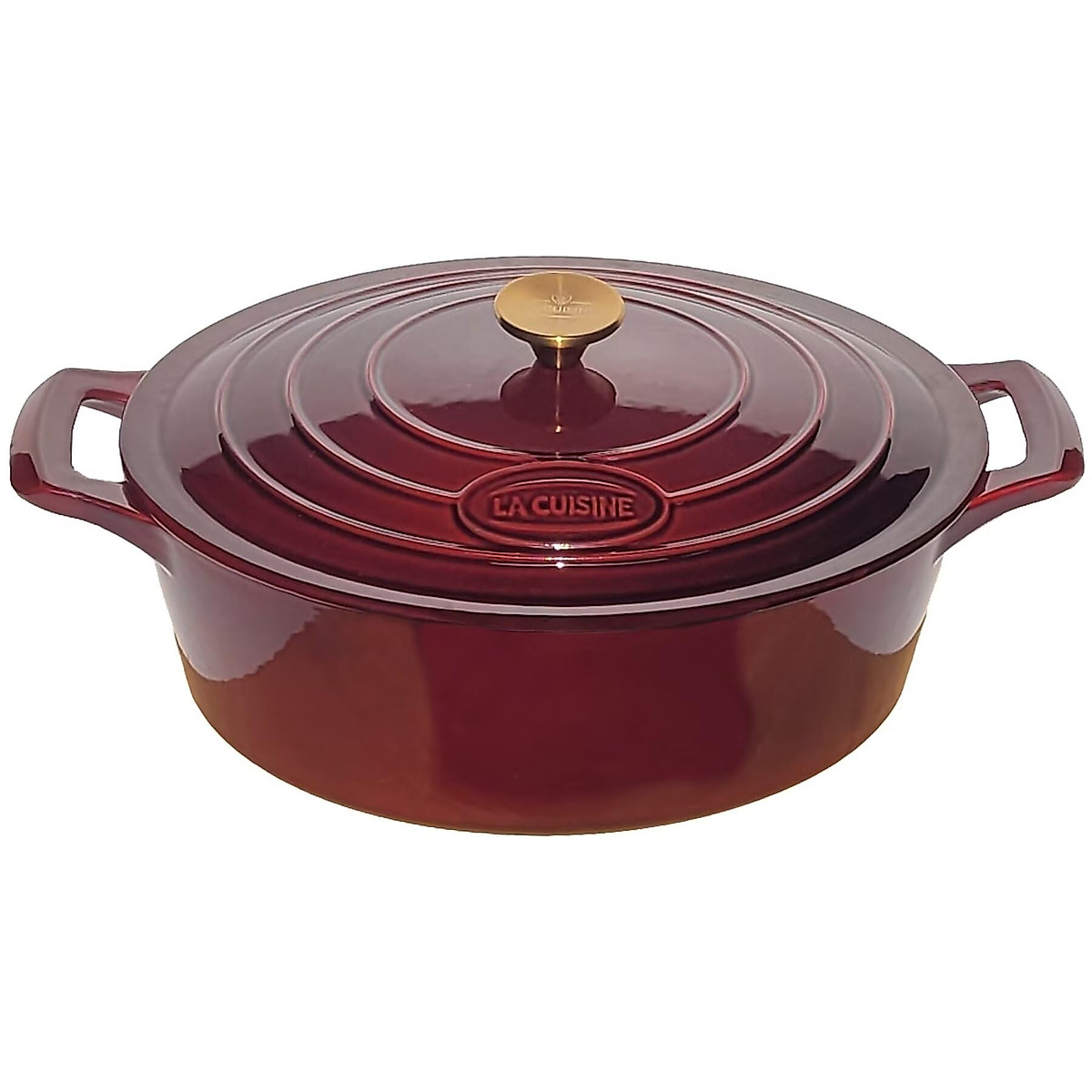 La Cuisine Enameled Cast Iron Oval Dutch Oven Casserole Dish Pot with Lid 6.75 QT Internal Matte Black Enamel Coating for bread baking, Gold-Plated Stainless Steel Lid Handle, Oven Safe up to 500° F. Cranberry