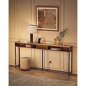 VASAGLE 70 Inch Console Table with Outlet and Shelves, Sofa Table with Hidden Charging Station, Behind Couch Table Skinny, Long Entryway Table for Hallway, Living Room, Rustic Brown and Black