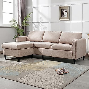 BALUS Reversible Sectional Couch Set 3 Seat L Shaped Modular Sofa Bed with Flexible Storage Ottoman Chaise Modern Sofa Couches for Living Room Apartment Office - Beige