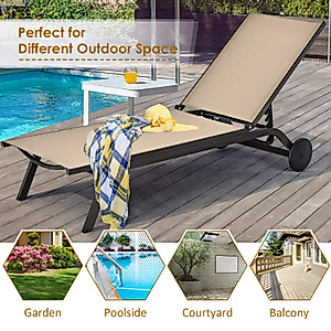 Tangkula Outdoor Aluminum Chaise Lounge, Patio Lounge Recliner Chair w/6 Adjustable Backrest, Reclining Chaise Chair with Wheels for Beach, Yard, Balcony, Poolside (2, Brown)