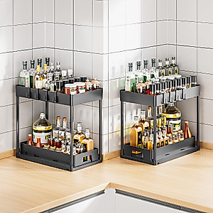 Delamu 2 Pack Under Sink Organizers and Storage, 2 Tier Pull Out Under Cabinet Organizer, Black Under Sink Storage for Bathroom Kitchen, Under Counter Storage organizer with 8 Hooks